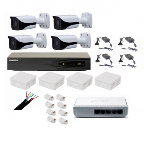 Kit profesional 4 camere supraveghere IP 5MP, IR 80m, metalica + NVR 4 canale 4K + Cablu ...